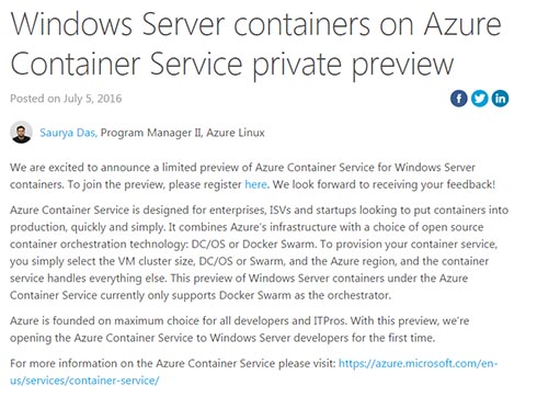 Windows Serverコンテナに対応した「Azure Container Service」の限定プレビューを公開：まず、Docker ...