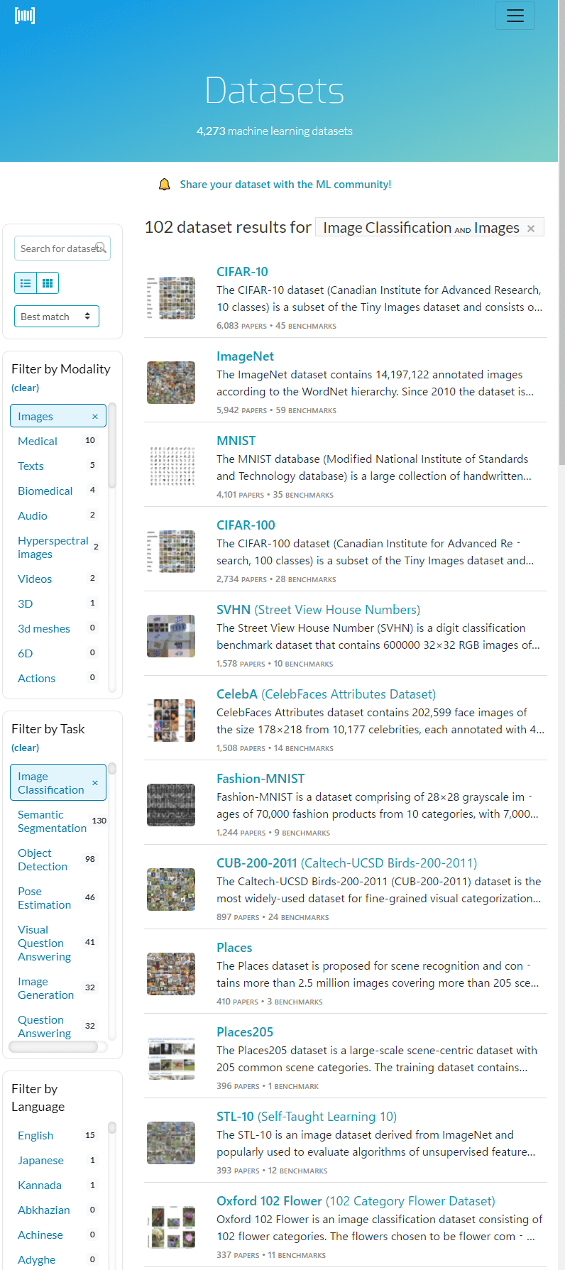 Papers With CodeのDatasets： 人気度まで分かるデータセット一覧サイト：AI・機械学習のデータセット辞典 - ＠IT
