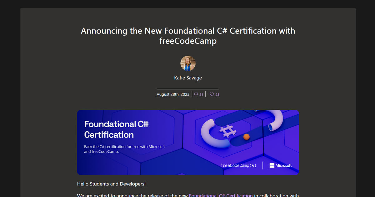 Microsoft、「基礎C#認定資格」を公開 無料でC#が学べる35時間分のトレーニングコースも：freeCodeCampと提携 - ＠IT