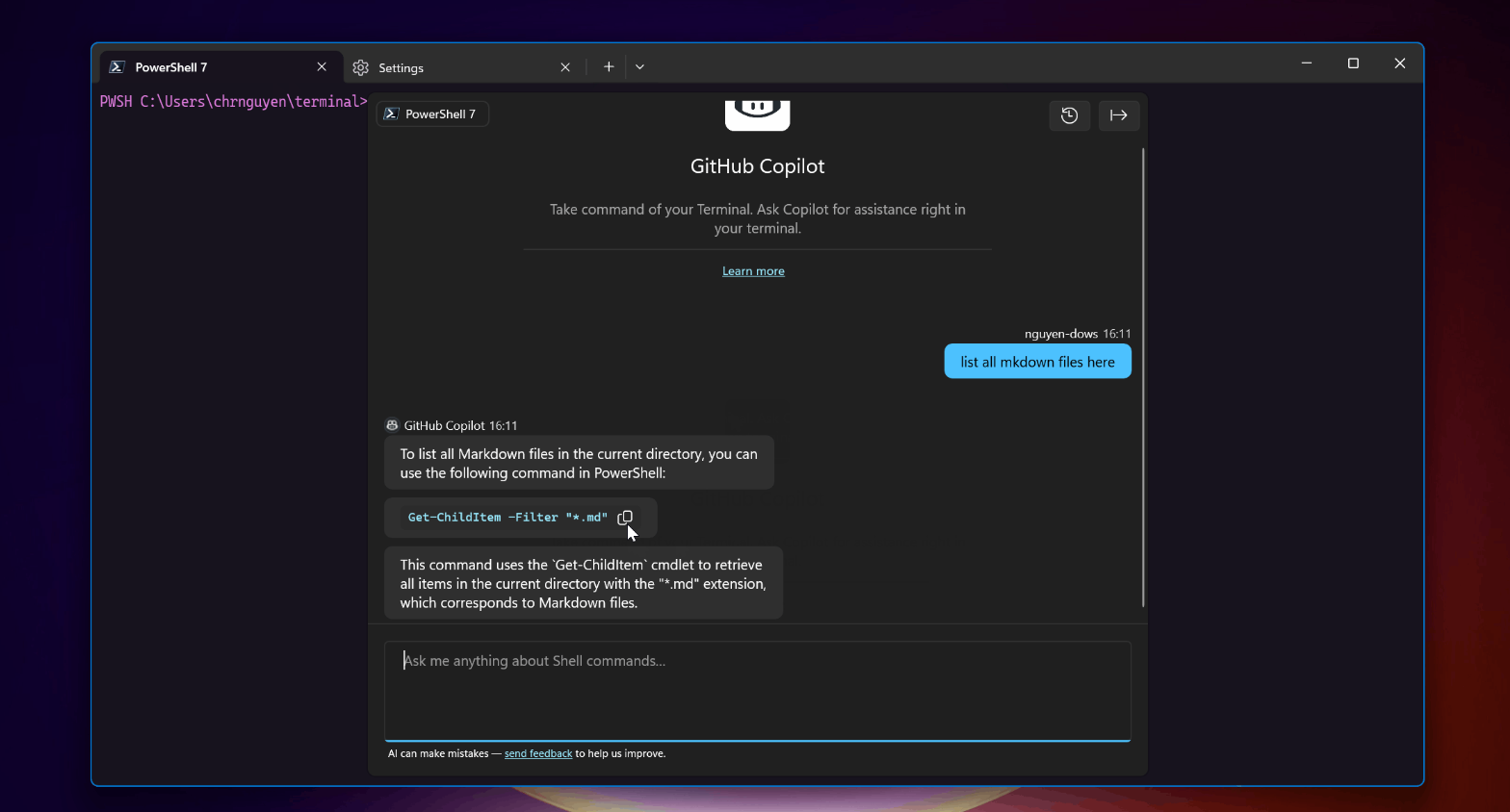 「Windows Terminal Canary」で「GitHub Copilot」とチャット可能に ターミナルチャット機能でどれぐらい使い ...